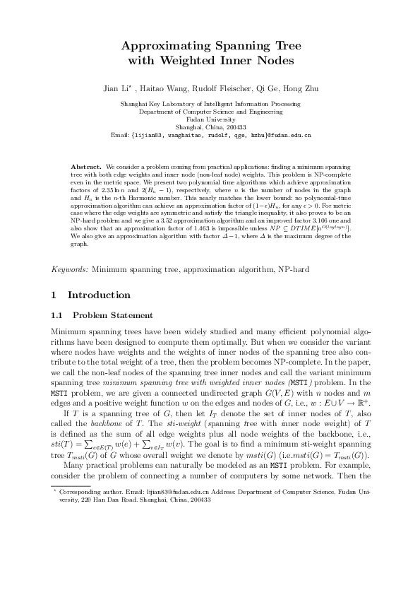 (PDF) Approximating Spanning Tree with Weighted Inner Nodes
