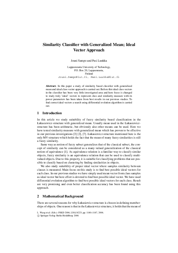 Pdf Similarity Classifier With Generalized Mean Ideal Vector Approach