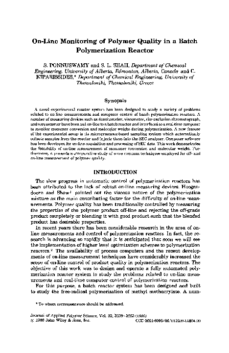 (PDF) On-line monitoring of polymer quality in a batch polymerization reactor