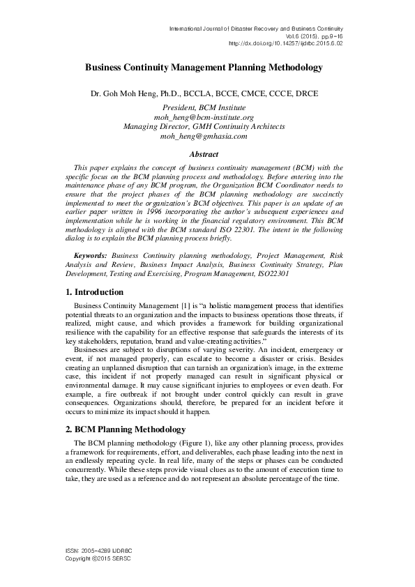 (PDF) Business Continuity Management Planning Methodology