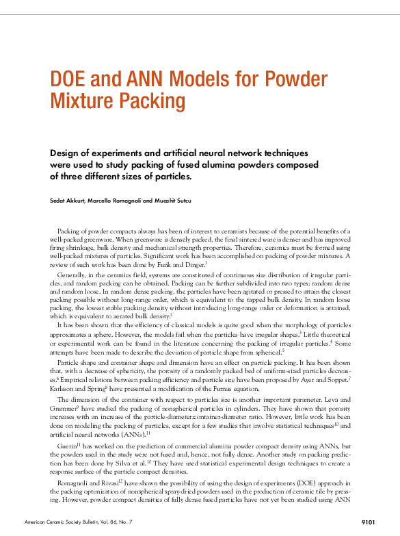 (PDF) DOE and ANN Models for Powder Mixture Packing