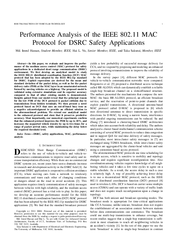 Pdf Performance Analysis Of The Ieee 80211 Mac Protocol For Dsrc