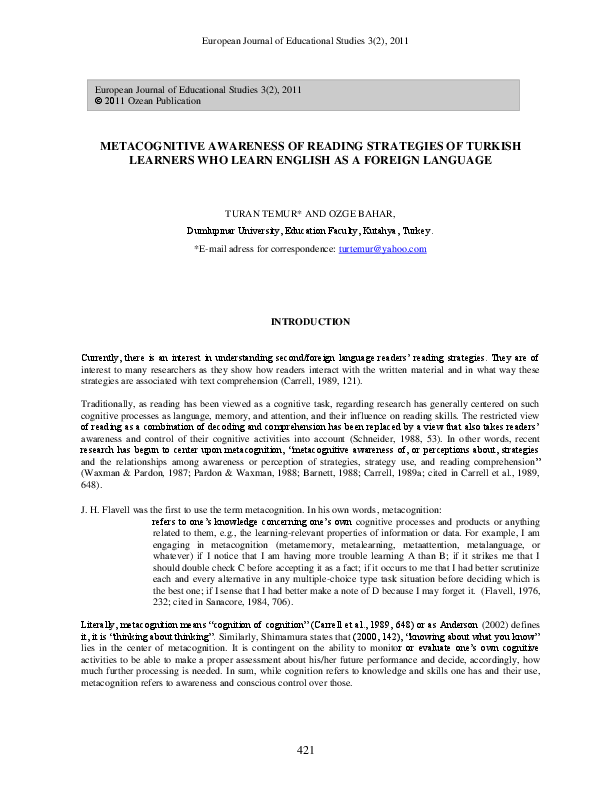 (PDF) METACOGNITIVE AWARENESS OF READING STRATEGIES OF TURKISH LEARNERS WHO LEARN ENGLISH AS A ...