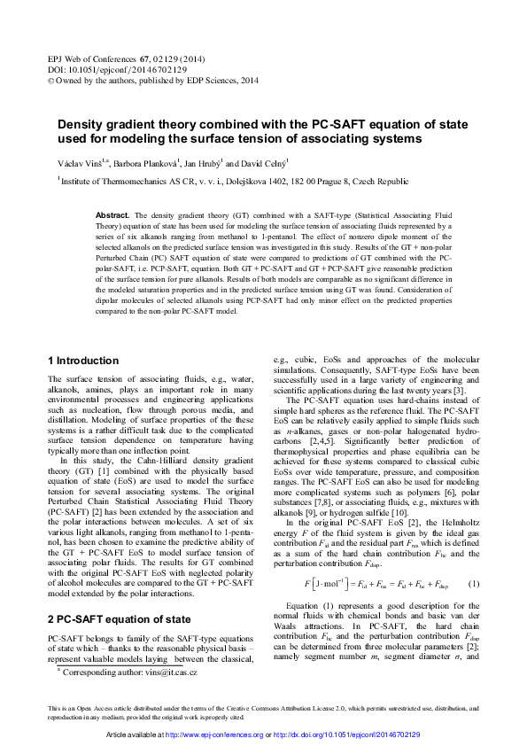 (PDF) Density gradient theory combined with the PC-SAFT equation of state used for modeling the ...