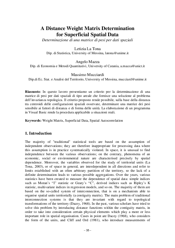(PDF) A distance weight matrix determination for superficial spatial data