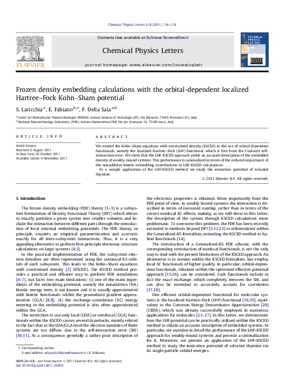Pdf Frozen Density Embedding Calculations With The Orbital Dependent Localized Hartreefock