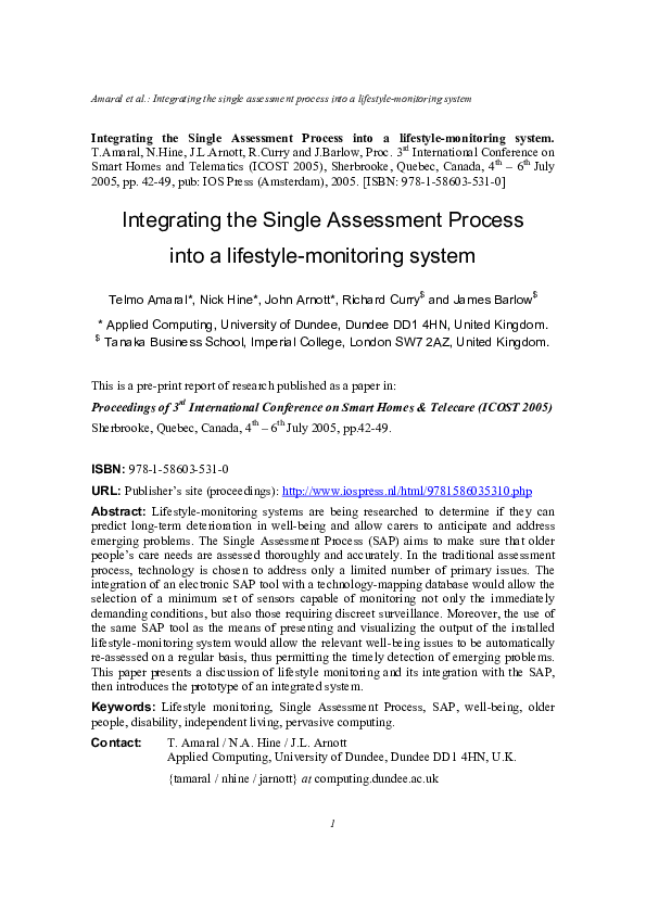 (PDF) Integrating the Single Assessment Process into a lifestyle ...