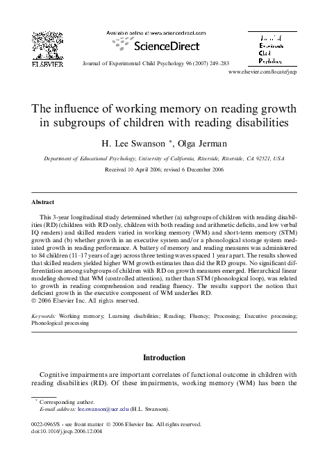 (PDF) The influence of working memory on reading growth in subgroups of children with reading ...
