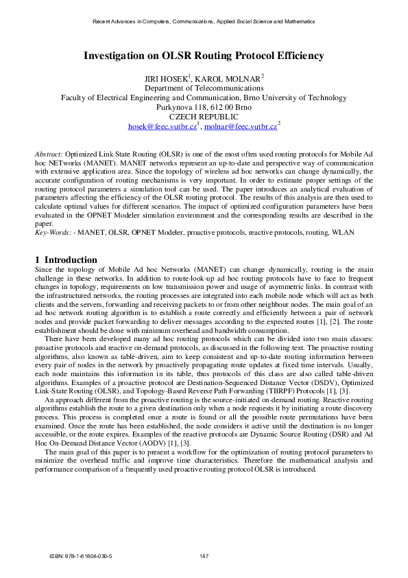 Pdf Investigation On Olsr Routing Protocol Efficiency