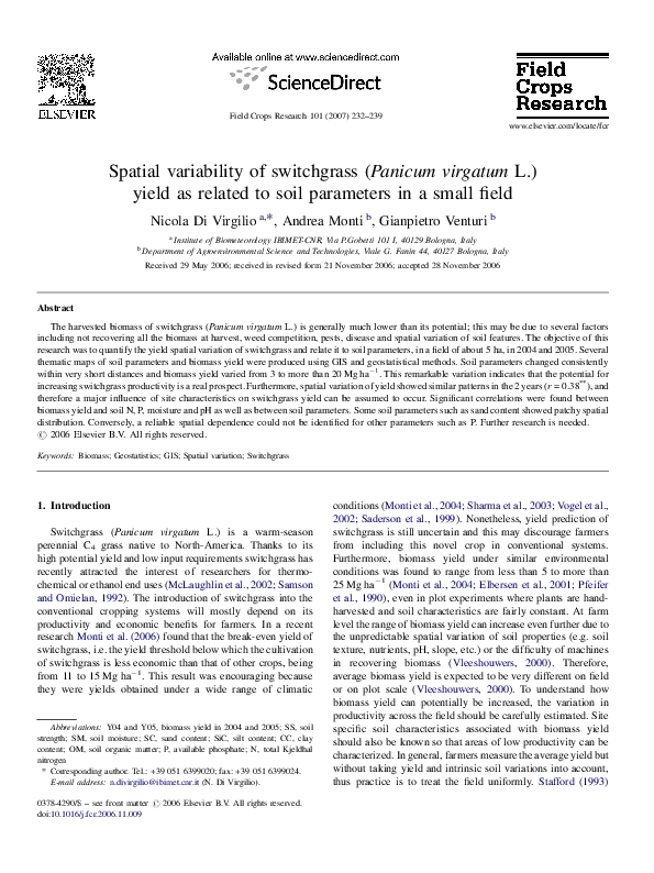 Pdf Spatial Variability Of Switchgrass Panicum Virgatum L Yield As