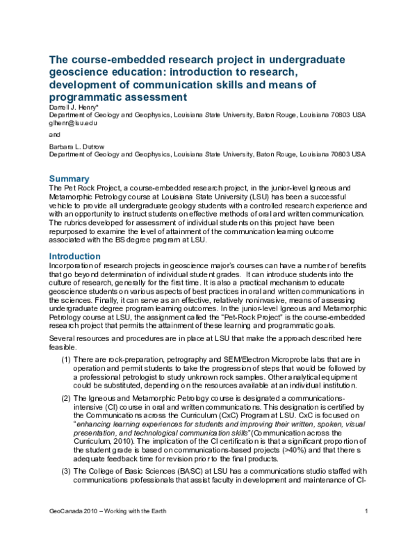 (PDF) The course-embedded research project in undergraduate geoscience ...