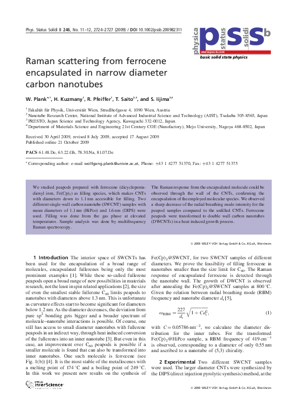 (PDF) Raman scattering from ferrocene encapsulated in narrow diameter ...