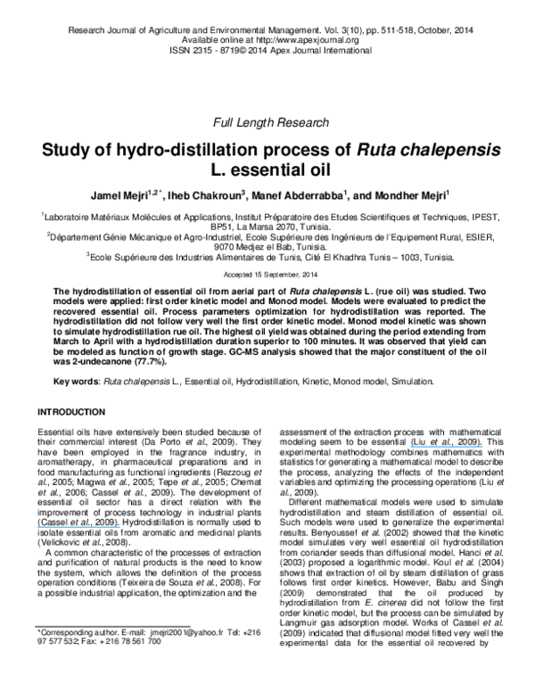 (PDF) Study of hydro-distillation process of Ruta chalepensis L ...