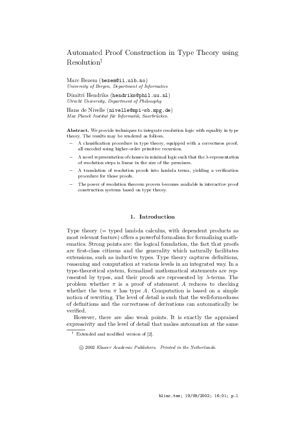 Pdf Automated Proof Construction In Type Theory Using Resolution