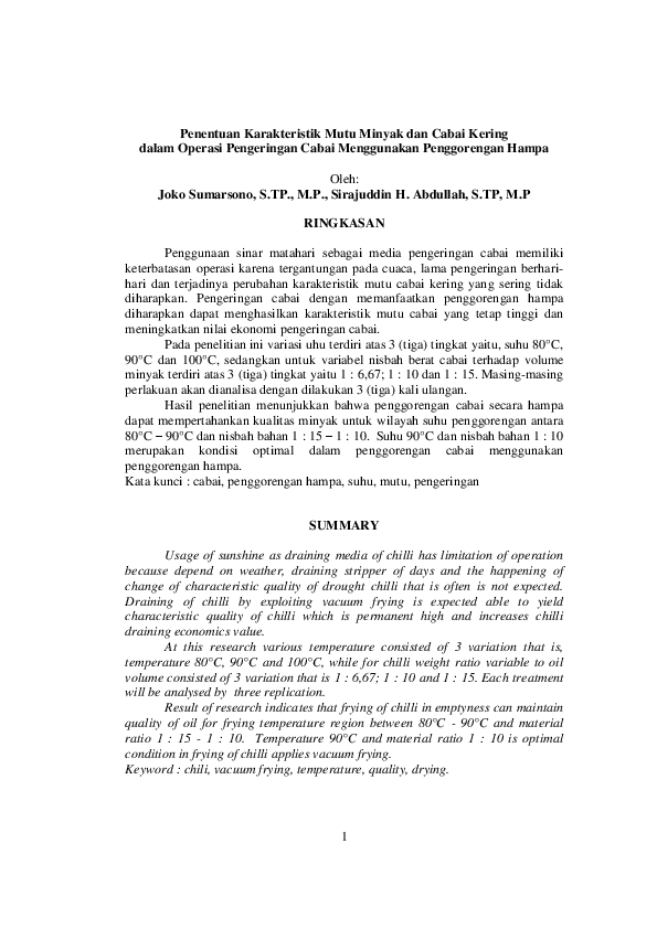 Penentuan Karakteristik Mutu Minyak dan Cabai Kering dalam Operasi Pengeringan Cabai Menggunakan ...
