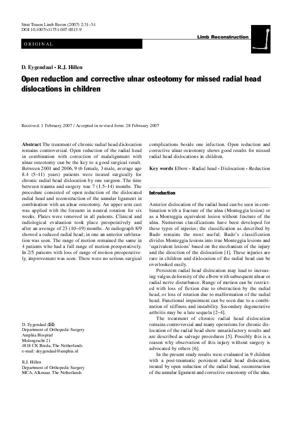 (PDF) Open reduction and corrective ulnar osteotomy for missed radial ...