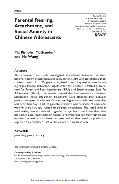 (PDF) Parental Rearing, Attachment, and Social Anxiety in Chinese ...