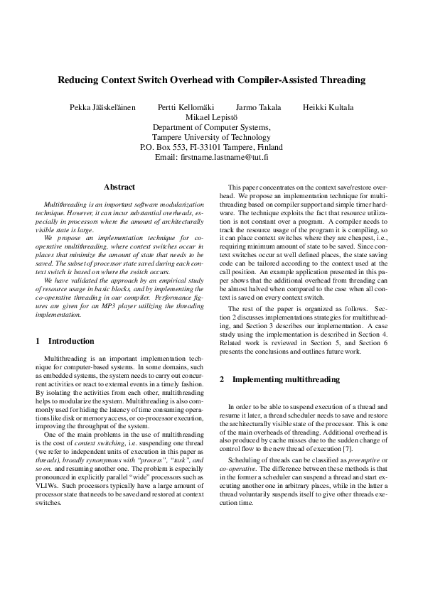Pdf Reducing Context Switch Overhead With Compiler Assisted Threading