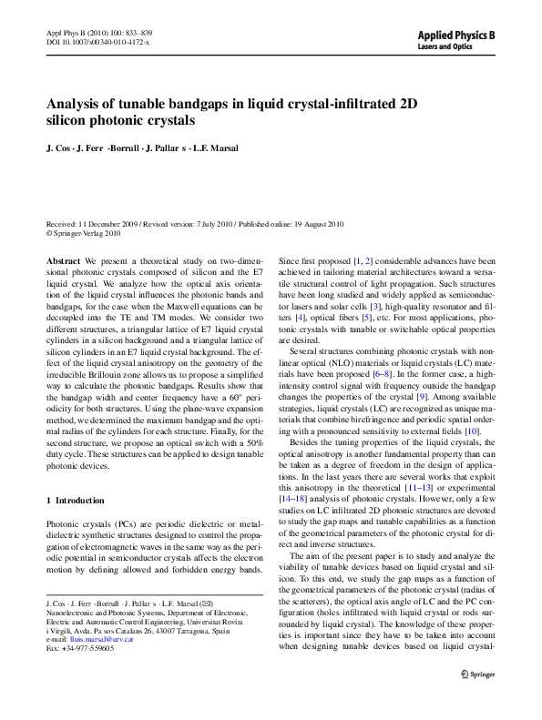 (PDF) Analysis of tunable bandgaps in liquid crystal-infiltrated 2D silicon photonic crystals