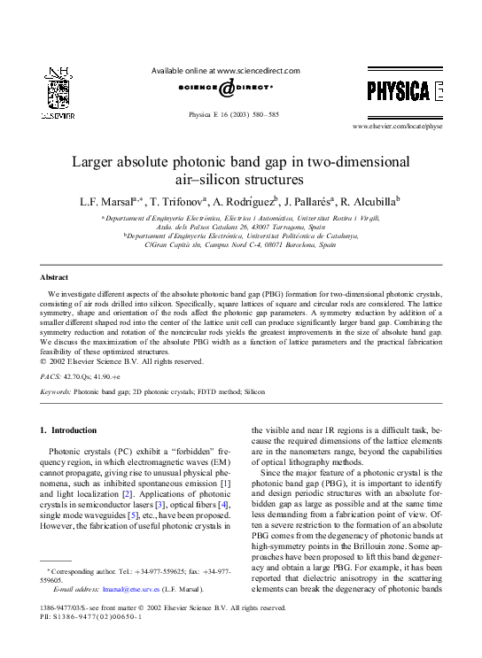 (PDF) Larger absolute photonic band gap in two-dimensional air–silicon structures