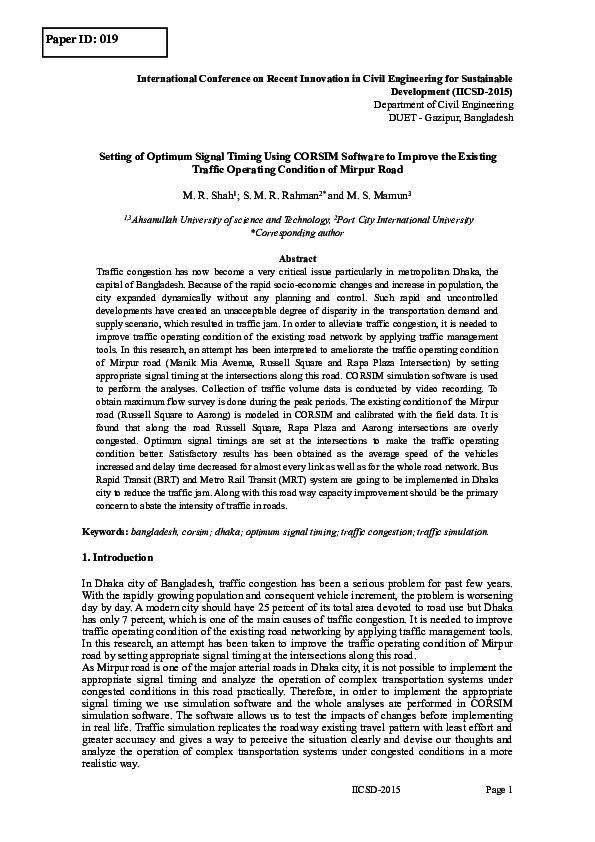 Pdf Setting Of Optimum Signal Timing Using Corsim Software To Improve The Existing Traffic