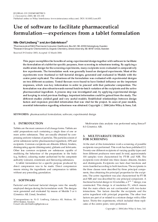 (PDF) Use of software to facilitate pharmaceutical formulation ...