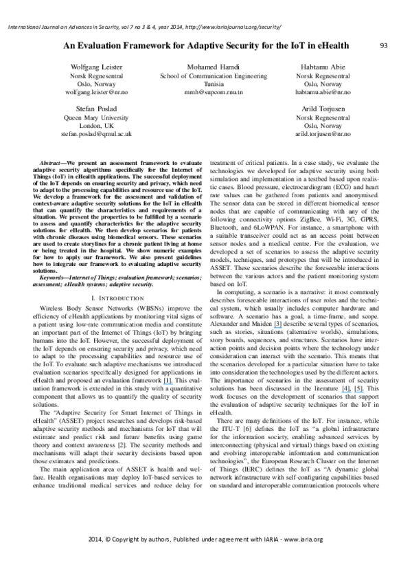 (PDF) An Evaluation Framework for Adaptive Security for the IoT in eHealth