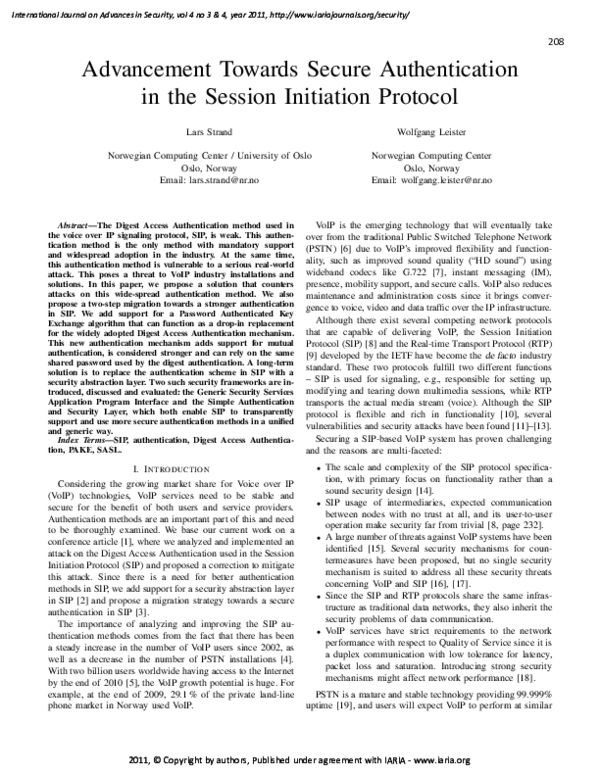 (PDF) Advancement towards secure authentication in the Session Initiation Protocol