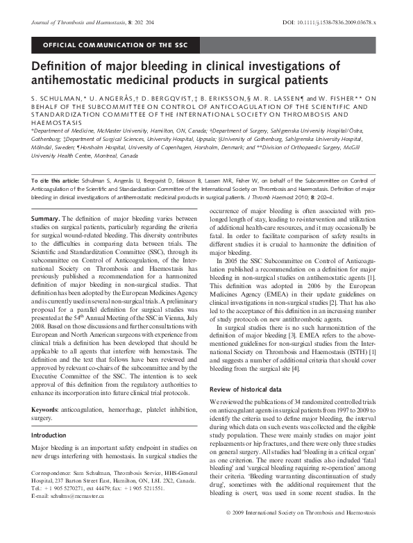 (PDF) Definition of major bleeding in clinical investigations of ...