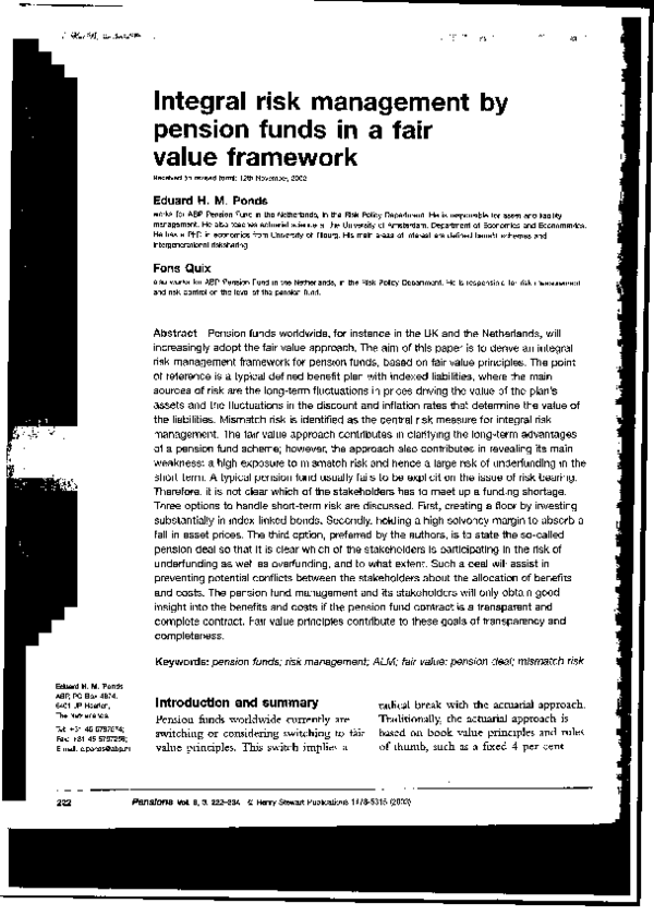 (PDF) Integral risk management by pension funds in a fair value framework