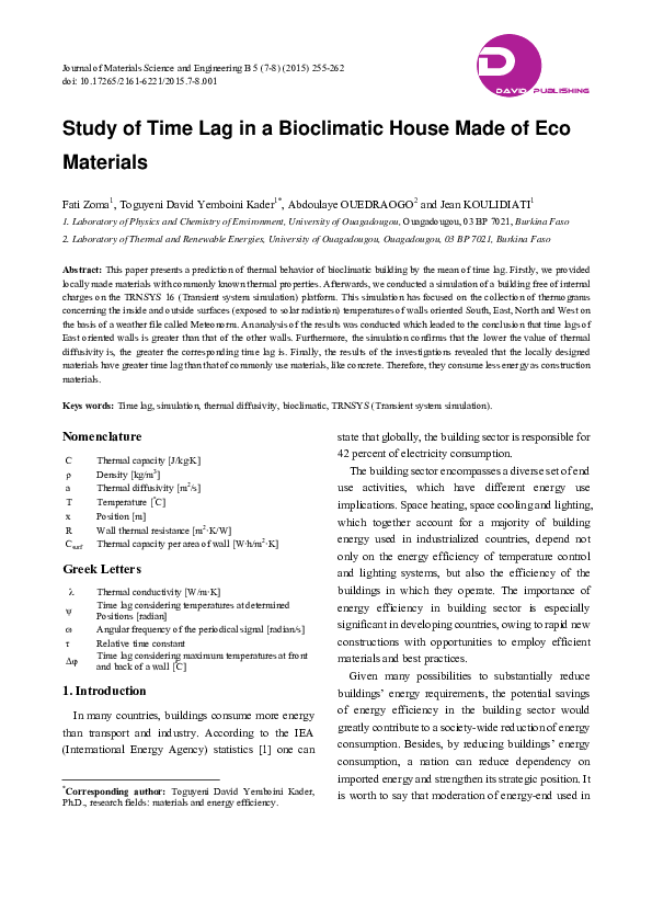 (PDF) Study of time lag in a bioclimatic house made of eco materials