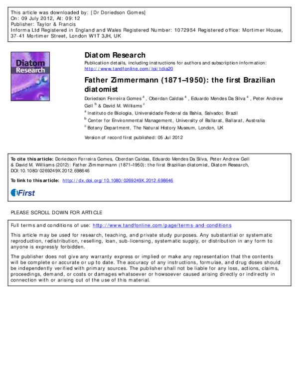 (PDF) Father Zimmermann (1871–1950): the first Brazilian diatomist