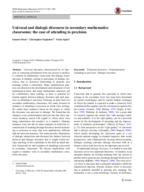 Univocal and dialogic discourse in secondary mathematics classrooms: The case of attending to ...