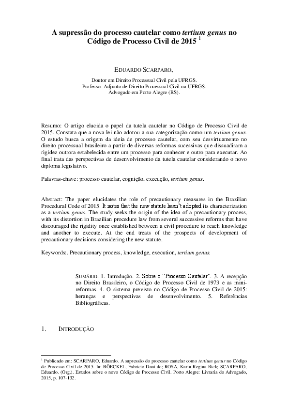 (PDF) A supressão do processo cautelar como tertium genus no Código de ...