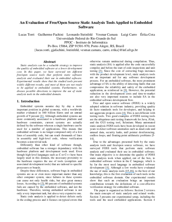 Pdf An Evaluation Of Free Open Source Static Analysis Tools Applied To Embedded Software