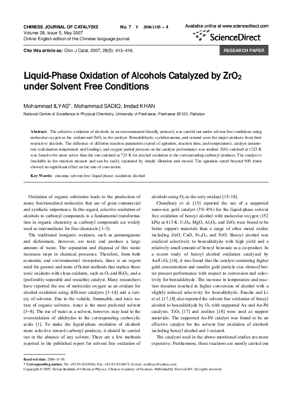 (PDF) Liquid-Phase Oxidation of Alcohols Catalyzed by ZrO2 under ...