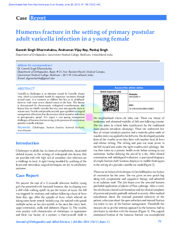 Humerus fracture in the setting of primary pustular varicella infection ...