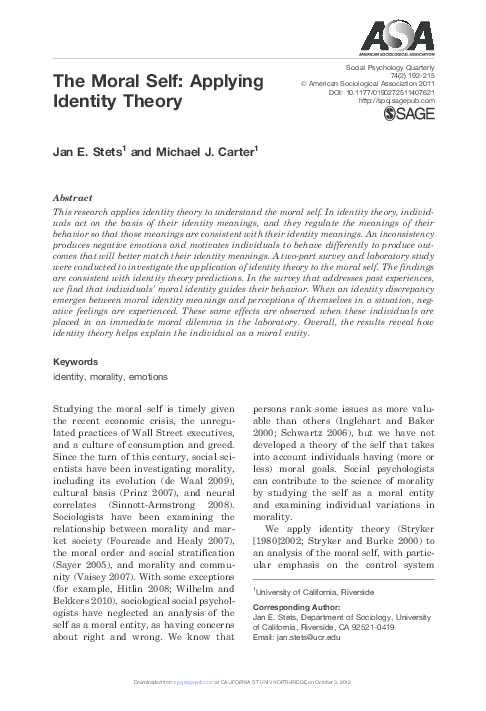 (PDF) The Moral Self: Applying Identity Theory