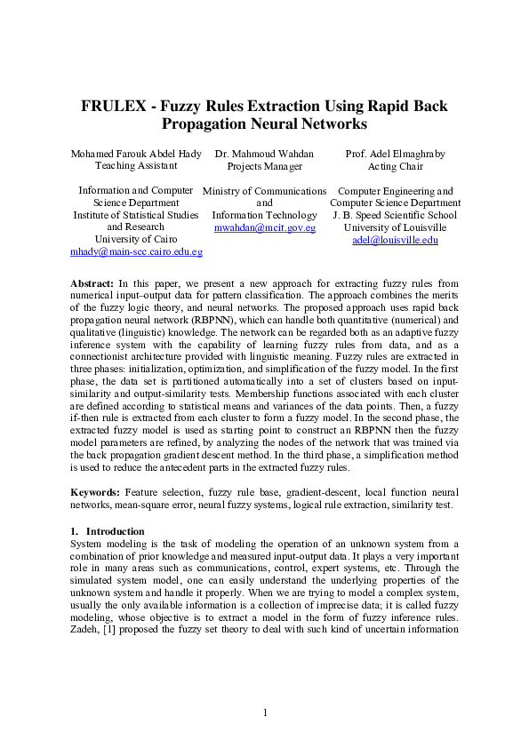 Pdf Frulex Fuzzy Rules Extraction Using Rapid Back Propagation Neural Networks Adel S