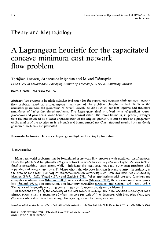 (PDF) A Lagrangean heuristic for the capacitated concave minimum cost network flow problem