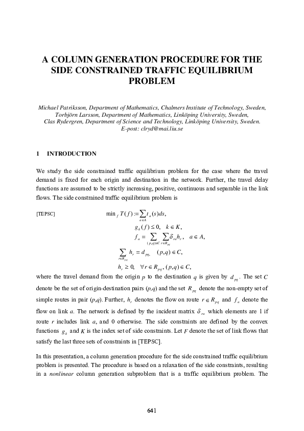 (PDF) A column generation procedure for the side constrained traffic equilibrium problem