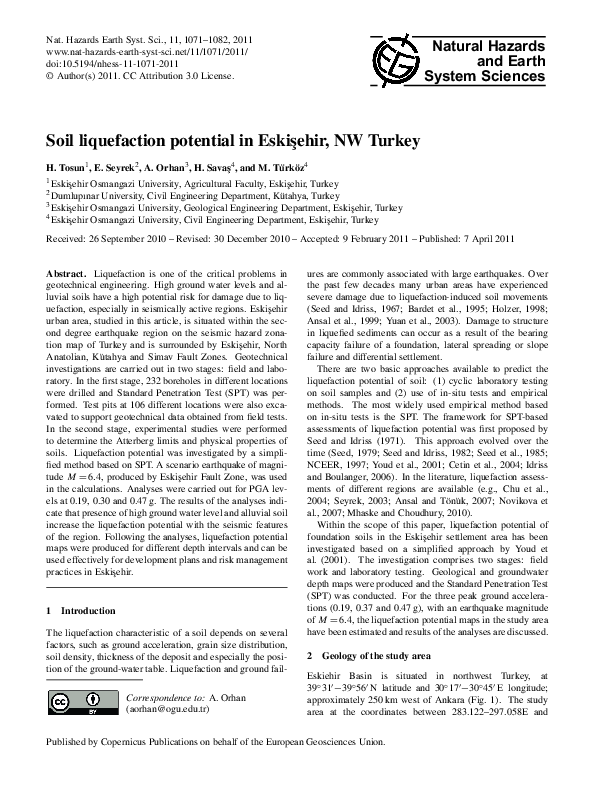 (PDF) Soil liquefaction potential in Eskişehir, NW Turkey