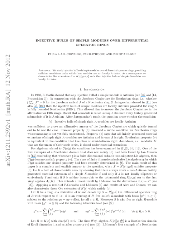 (PDF) Injective Hulls of Simple Modules over Differential Operator Rings