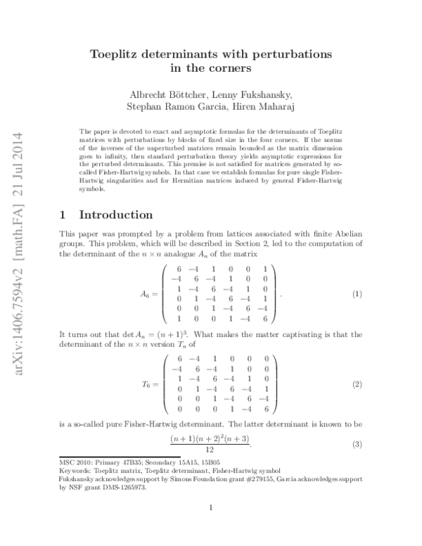 Pdf Toeplitz Determinants With Perturbations In The Corners