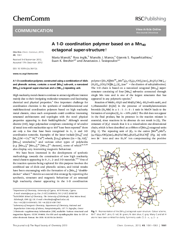 (PDF) A 1-D coordination polymer based on a Mn40 octagonal super-structure