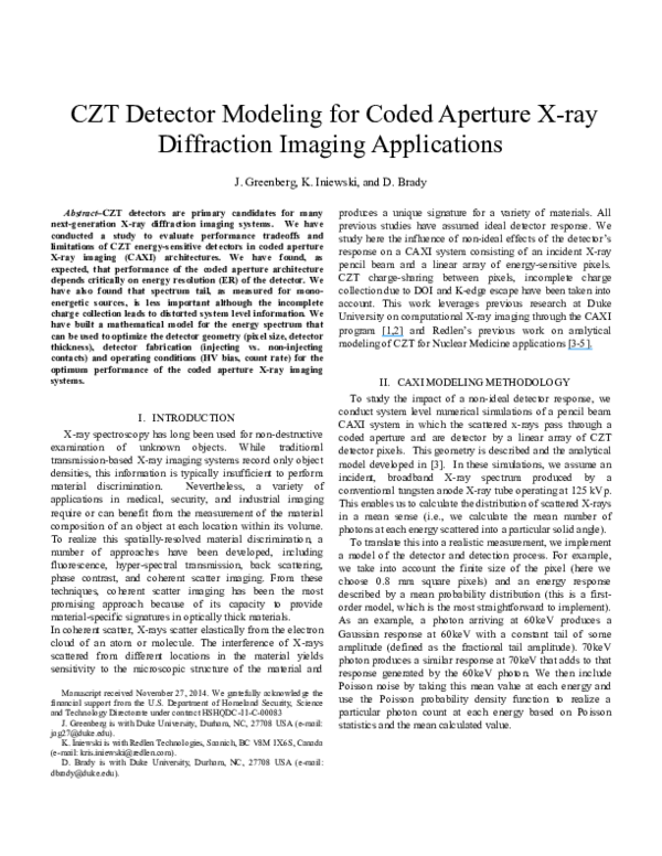(PDF) CZT Detector Modeling for Coded Aperture X-ray Diffraction Imaging Applications