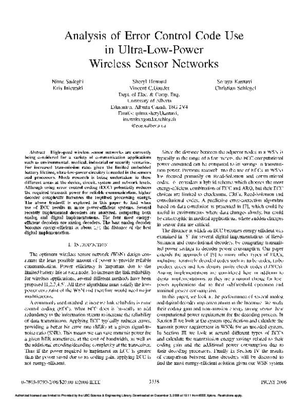 Pdf Analysis Of Error Control Code Use In Utra Low Power Wireless