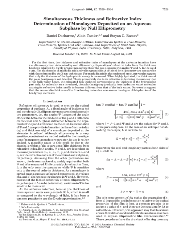 (PDF) Simultaneous Thickness and Refractive Index Determination of Monolayers Deposited on an ...