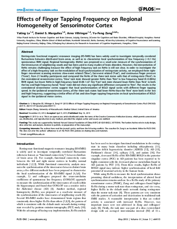 (PDF) Effects of Finger Tapping Frequency on Regional Homogeneity of ...