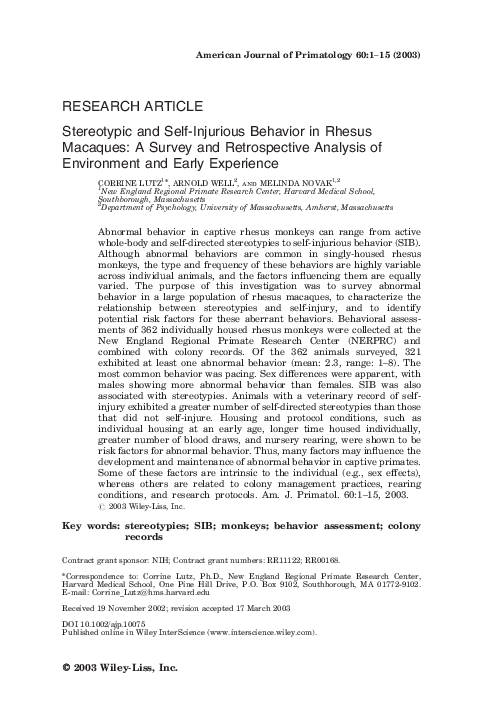 (PDF) Stereotypic and self-injurious behavior in rhesus macaques: A ...